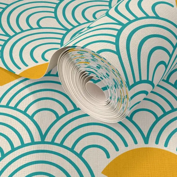 Spoonflower Blue Cloud And Rising Sun 100% Natural Sisal Grasscloth Wallcovering - Blue,yellow