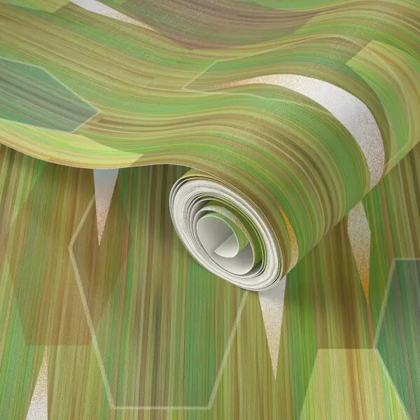 Spoonflower Diamonds Green Gold Geometric 60s Texture Mid Custom Pre-pasted Wallpaper - Green,brown