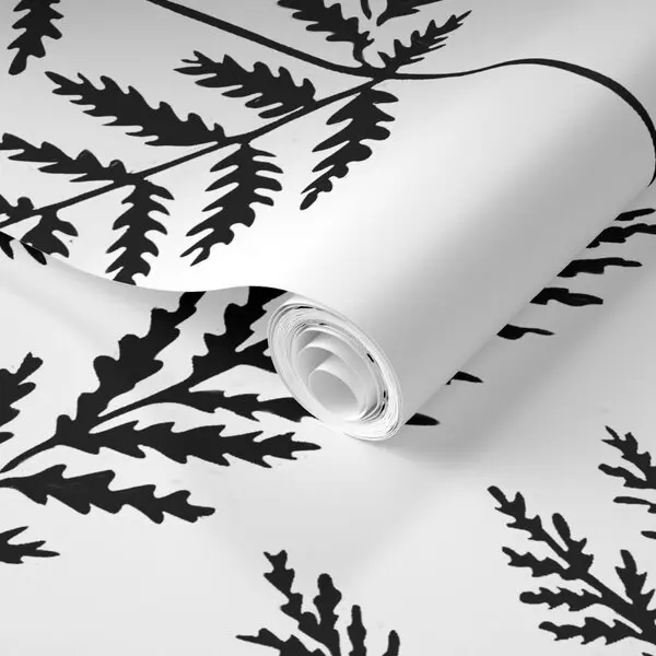 Spoonflower Fern Botanical Plant Foliage Black And White Leaf Custom Pre-pasted Wallpaper - Black,white,gray