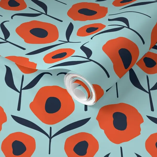 Spoonflower Floral Scandinavian Poppies Folk Art Spring Modern Custom Removable Wallpaper - Blue,red,green