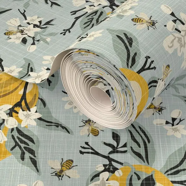 Spoonflower Bees And Lemons Medium Texture Black Stems 100% Natural Sisal Grasscloth Wallcovering - Yellow,black