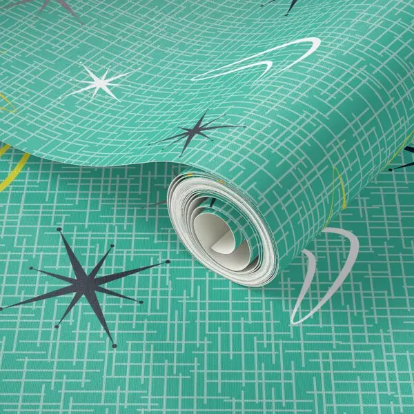 Spoonflower Retro Mod Atomic Teal Yellow Mid Century Modern Custom Removable Wallpaper - Blue,yellow,turquoise