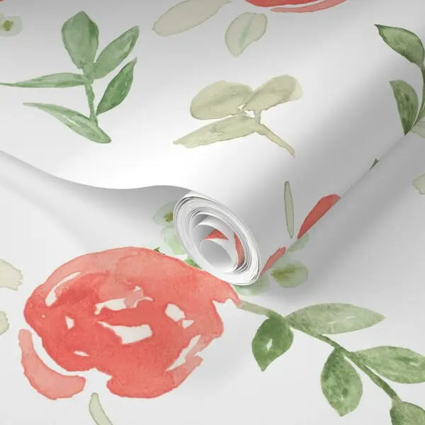 Spoonflower Coral Watercolor Large Floral Pattern Peach Art Custom Pre-pasted Wallpaper