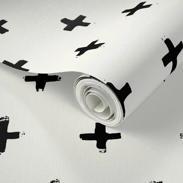 Spoonflower Plus Black White Geometric Geo Custom Pre-pasted Wallpaper