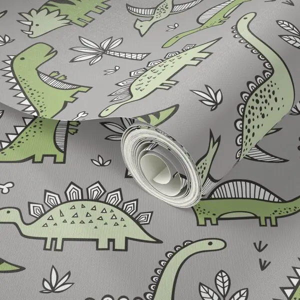 Spoonflower Dinosaurs Green Gray Dino Prehistoric Custom Pre-pasted Wallpaper - Green,gray