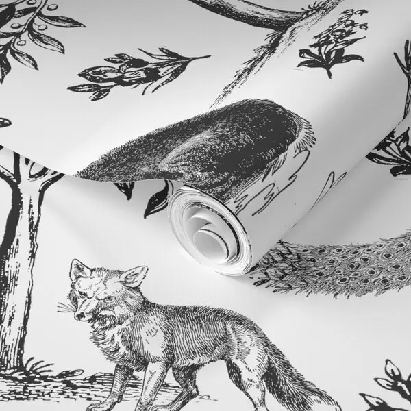 Spoonflower Gray White Woodland Toile Baby Bear Peacock Traditional Wallpaper - Black,white,gray