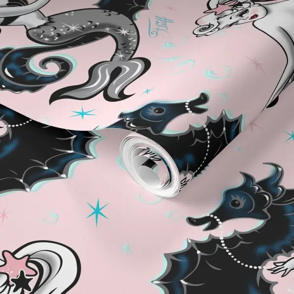 Spoonflower Mermaid And Seahorses On Pink Custom Removable Wallpaper - White,blue,gray