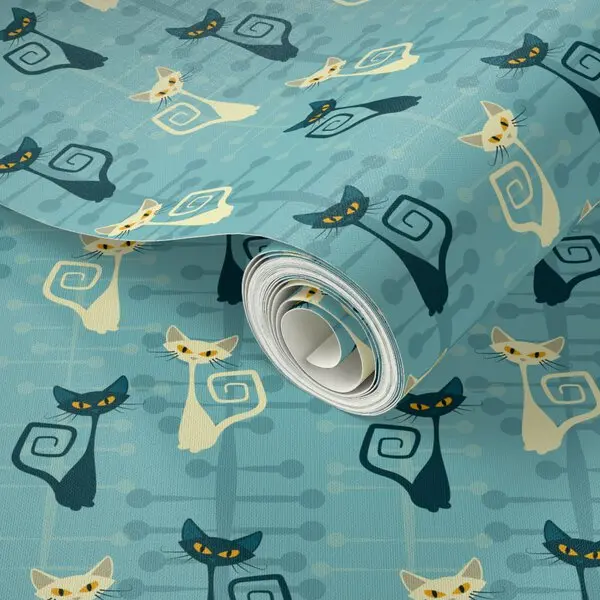 Spoonflower Retro Kitty Cats Mid Century Atomic 1950s Custom Pre-pasted Wallpaper - Teal,sage,green