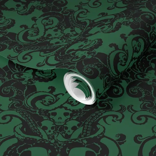 Spoonflower Cthulu Skulls Hidden Subversive Lovecraft Ink Blot Custom Removable Wallpaper - Green,black