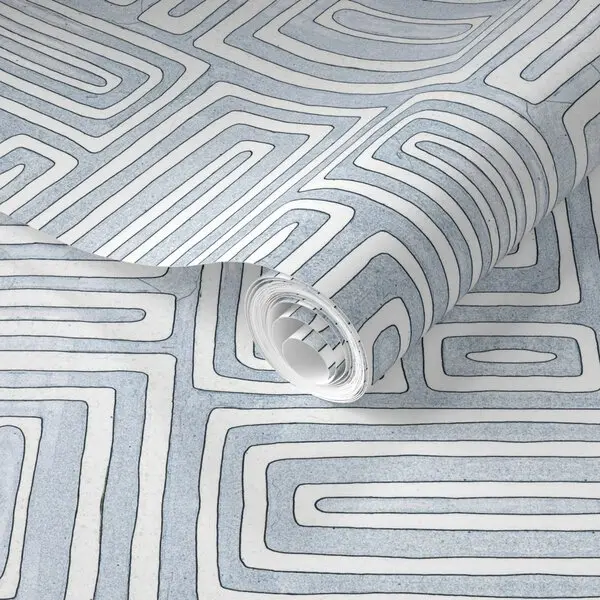 Spoonflower Handdrawn Geometric Stonewashed Look Soft Blue And Custom Pre-pasted Wallpaper - Blue,white,beige