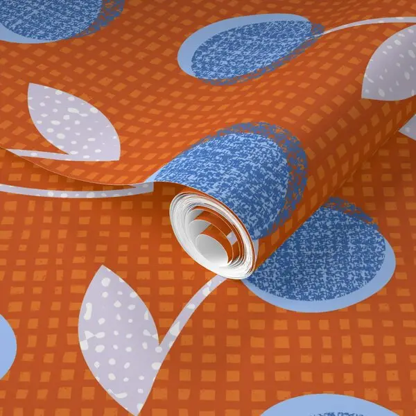 Spoonflower Modern Flowers Blue Orange Dots Quilt Ditsy Custom Pre-pasted Wallpaper - Orange,blue