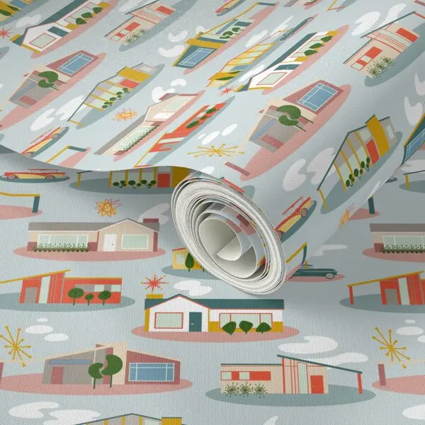 Spoonflower Light Blue Neighborhood House Suburbs Suburbia Mid Custom Pre-pasted Wallpaper - Gray,brown,teal