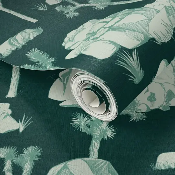 Spoonflower Mint Sketch Travel California Toile De Jouy Dark Custom Pre-pasted Wallpaper - Mint,green