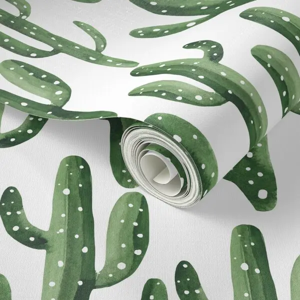 Spoonflower Southwestern Cactus Watercolor Green Cacti Desert Custom Removable Wallpaper - Gray,green