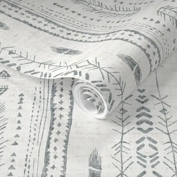 Spoonflower White Boho Navy Blue Stripes Mudcloth Southwestern Custom Pre-pasted Wallpaper - Black,white,gray