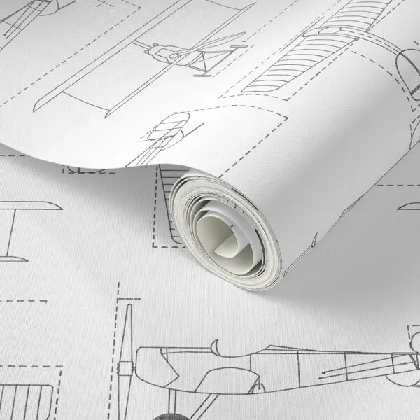 Spoonflower Flight School Gray Airplane Plane Custom Removable Wallpaper - White,gray