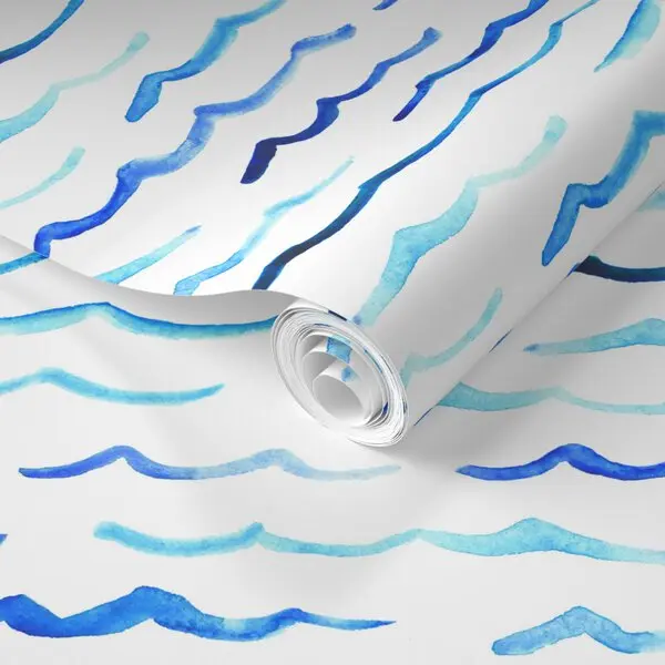 Spoonflower Summer Beach Ocean Watercolor Waves Custom Pre-pasted Wallpaper - White,blue,gray