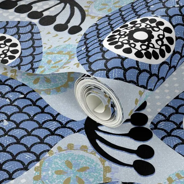Spoonflower Blue Cute Fish Animals Tropical Sea Ocean Custom Pre-pasted Wallpaper - Blue,gray,white