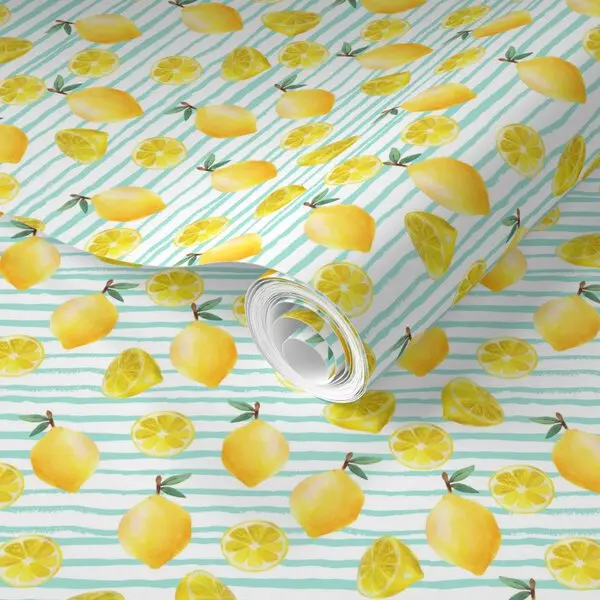 Spoonflower Fruit Citrus Watercolor Lemons Lemon Lemonade Custom Removable Wallpaper - Yellow,blue,gray