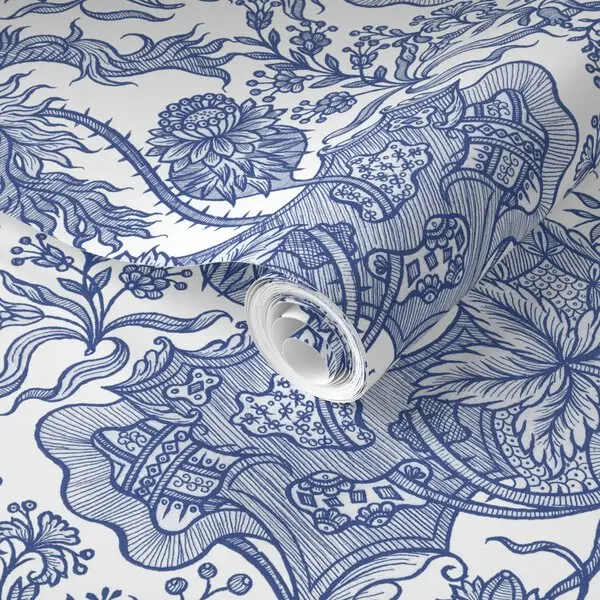 Spoonflower Floral Antique Traditional Blue And White Cobalt Custom Pre-pasted Wallpaper - Blue,white