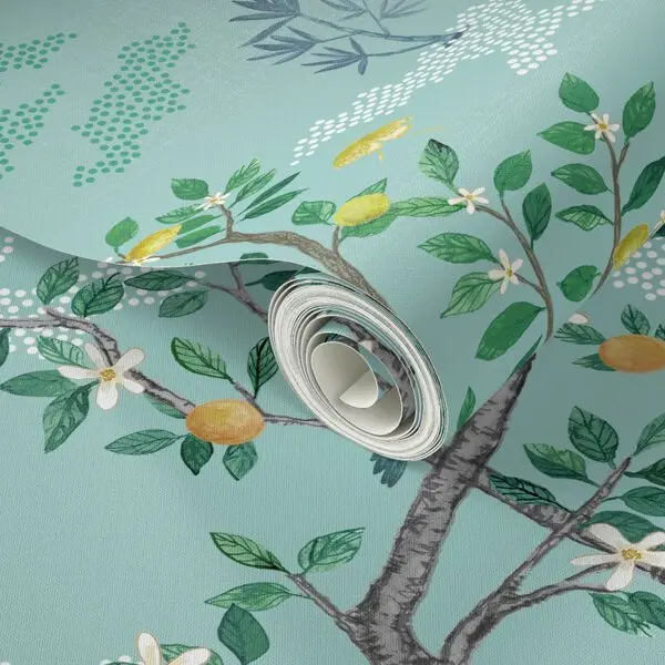 Spoonflower Grey Birds Tree Aqua Citrus Oranges Chinoiserie Custom Pre-pasted Wallpaper - Green,teal,gray