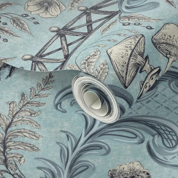 Spoonflower Raccoco Blue Custom Pre-pasted Wallpaper - Teal,blue,gray