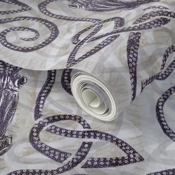 Spoonflower Lilac Sea Creatures Celtic Knot Marine Life Kraken Traditional Wallpaper - Gray,black,blue