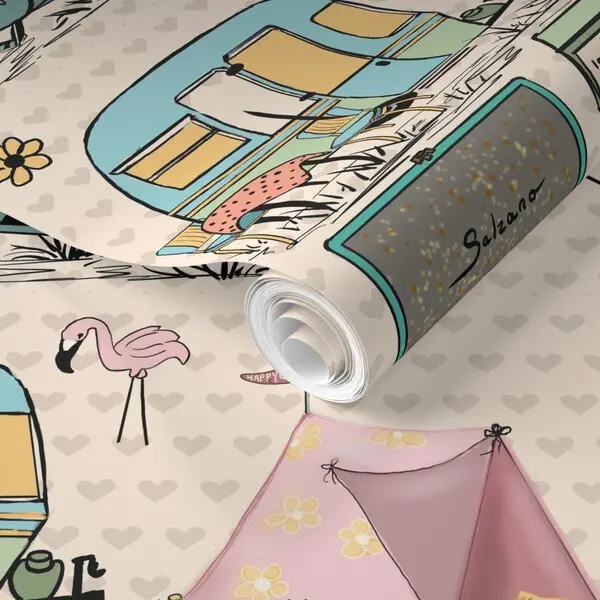 Spoonflower Retro Flamingos Pink And Blue Transportation Traditional Wallpaper