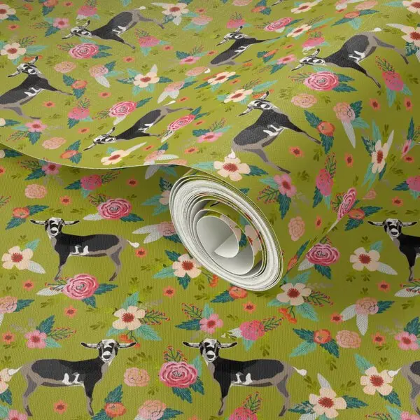 Spoonflower Goat Farm Animal Goats Life Nigerian Dwarf Custom Pre-pasted Wallpaper - Green,beige,orange