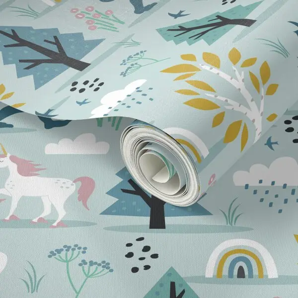 Spoonflower Believe In Wild Things And Rainbows Custom Pre-pasted Wallpaper - Blue,mint,green