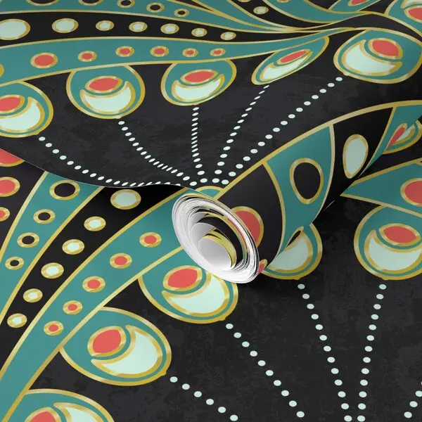 Spoonflower Green Peacock Feather Art Deco Nouveau Geometric Custom Pre-pasted Wallpaper - Green,black,gray