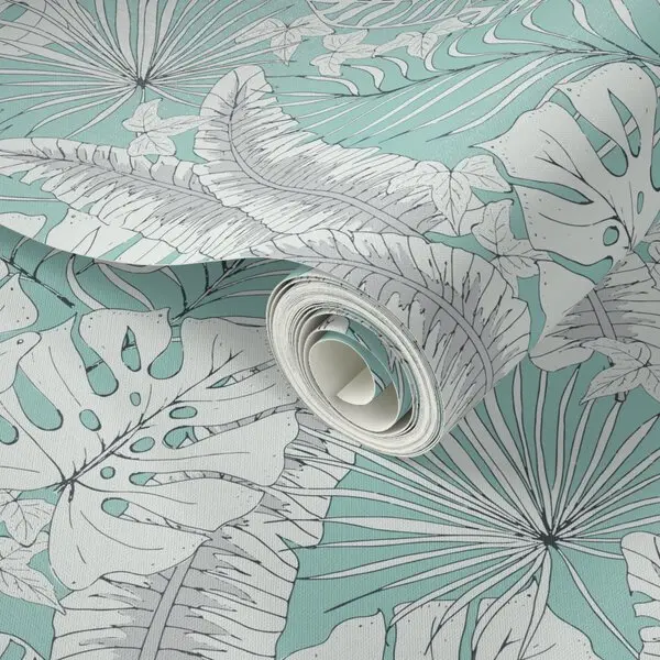 Spoonflower White Green Grey Palm Jungle Hand Drawn Traditional Wallpaper