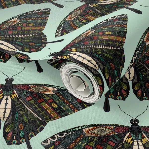 Spoonflower Butterflies Butterfly Nature Mint Botanical Traditional Wallpaper - Gray,green,brown