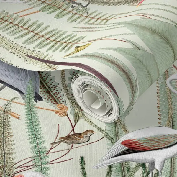 Spoonflower Vintage Leaves Butterfly Nature Birds Woodland Custom Pre-pasted Wallpaper - Green,sage,gray