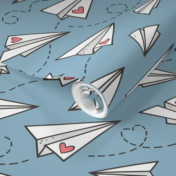 Spoonflower Hearts Spring Valentine Valentines Day Airplanes Custom Pre-pasted Wallpaper
