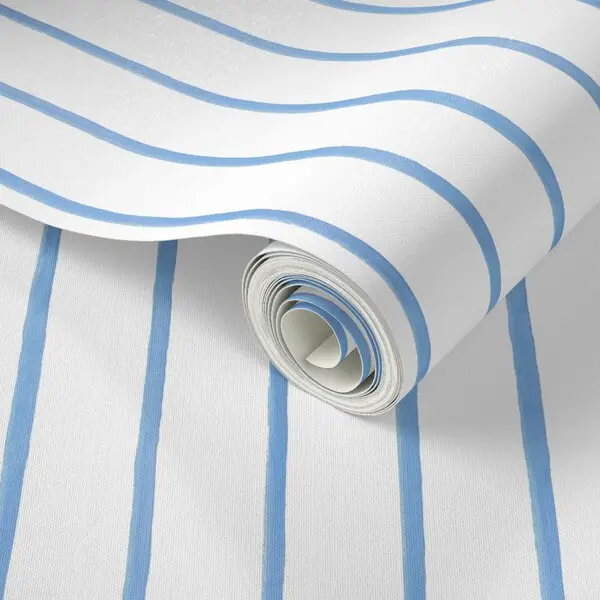 Spoonflower Stripe Cream Country Lines Blue And White Painted 100% Natural Sisal Grasscloth Wallcovering