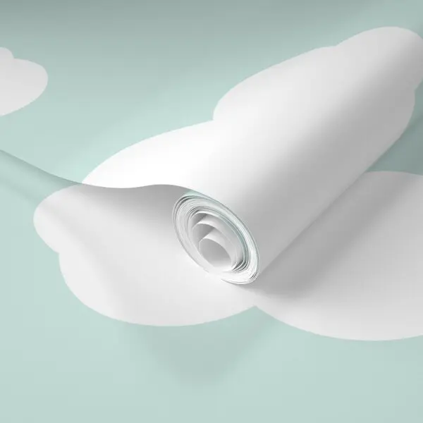 Spoonflower Clouds Mint Cloud Sky Weather Nursery Custom Pre-pasted Wallpaper