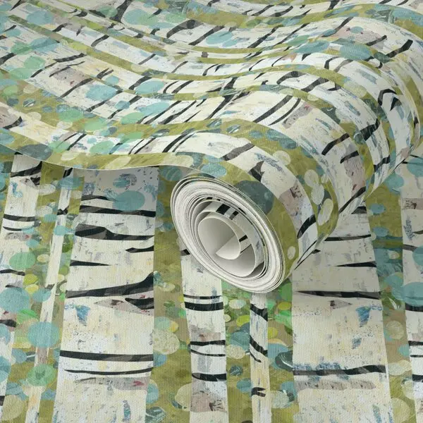 Spoonflower Birch Trees Green Tree Forest Aspen Woodland Custom Pre-pasted Wallpaper