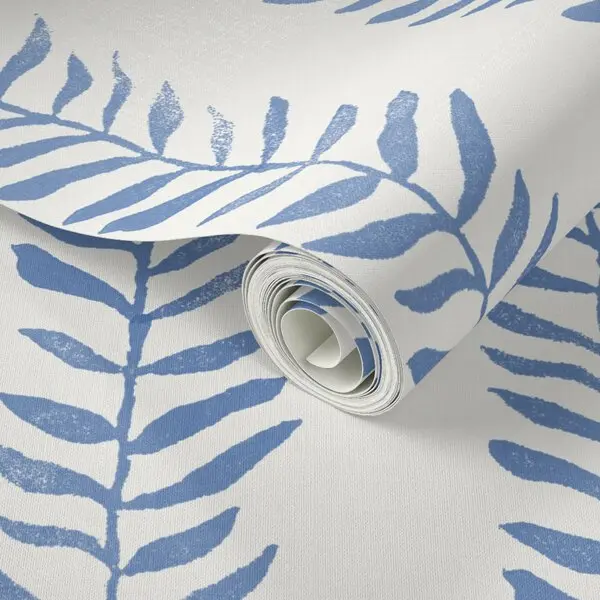 Spoonflower Soft Blue And Cream Off White Leaf Pattern Plant Traditional Wallpaper - Blue,gray