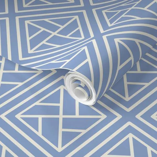 Spoonflower Asian Geometric Periwinkle Soft And White Custom Pre-pasted Wallpaper