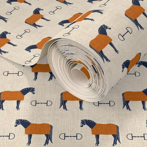 Spoonflower Blankets And Bits Horses Small Scale 100% Natural Sisal Grasscloth Wallcovering - Orange,beige
