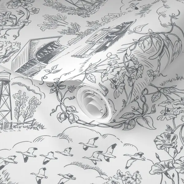 Spoonflower Country Toile Medium Gray Flowers Landscape Custom Pre-pasted Wallpaper - Gray,white,blue
