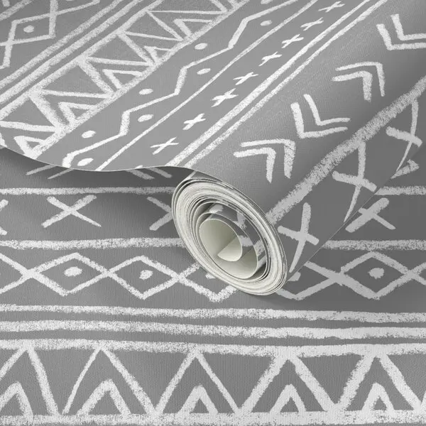 Spoonflower Boho Stripe Gray White Geometric Drawn Mudcloth Traditional Wallpaper - Gray,white