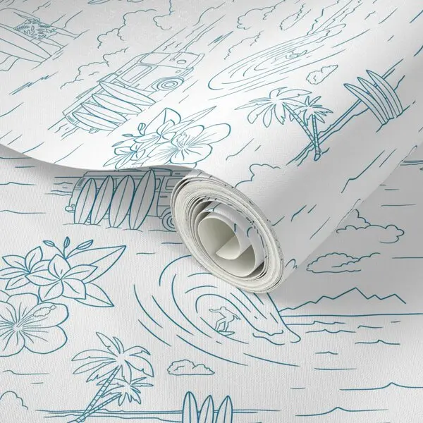 Spoonflower Surf Toile De Jouy Custom Removable Wallpaper - White,blue,teal
