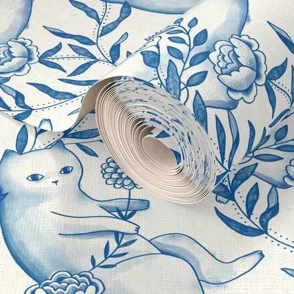 Spoonflower Toile Cats Custom Removable Wallpaper - Blue
