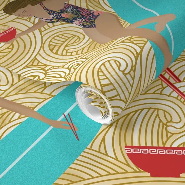 Spoonflower Hawaii Mask Surfing Noodles Face Ramen Custom Pre-pasted Wallpaper - Brown,blue