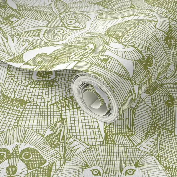 Spoonflower Canadian Animals Stem White Green Goose Fox Hare Custom Pre-pasted Wallpaper - Green,white,sage