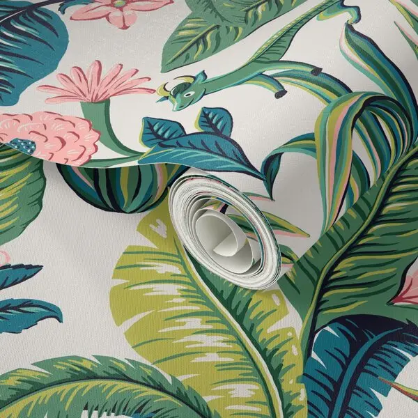 Spoonflower Hawaiian Mythical Tropical Hawaii Mermaid Custom Pre-pasted Wallpaper - Green,beige,gray
