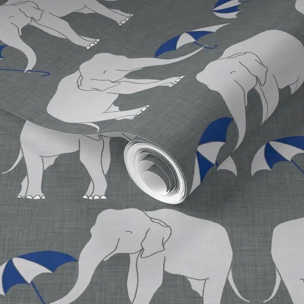 Spoonflower Elephant Umbrella Navy Gray Traditional Wallpaper - Gray,blue,navy