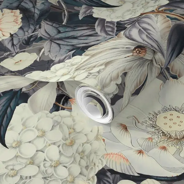 Spoonflower Flower Vintage Blue Nature Grey Pattern Colorful Custom Removable Wallpaper - Beige,gray,black